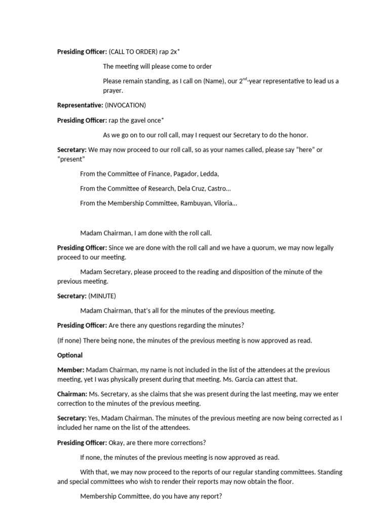 Parliamentary Procedures Script | PDF