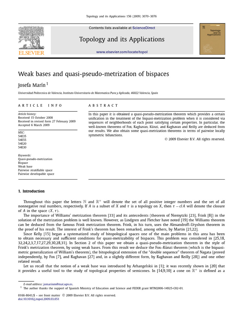 Weak Bases and Quasi Pseudo Metrization of Bi - 2009 - Topology and Its Applicat | PDF