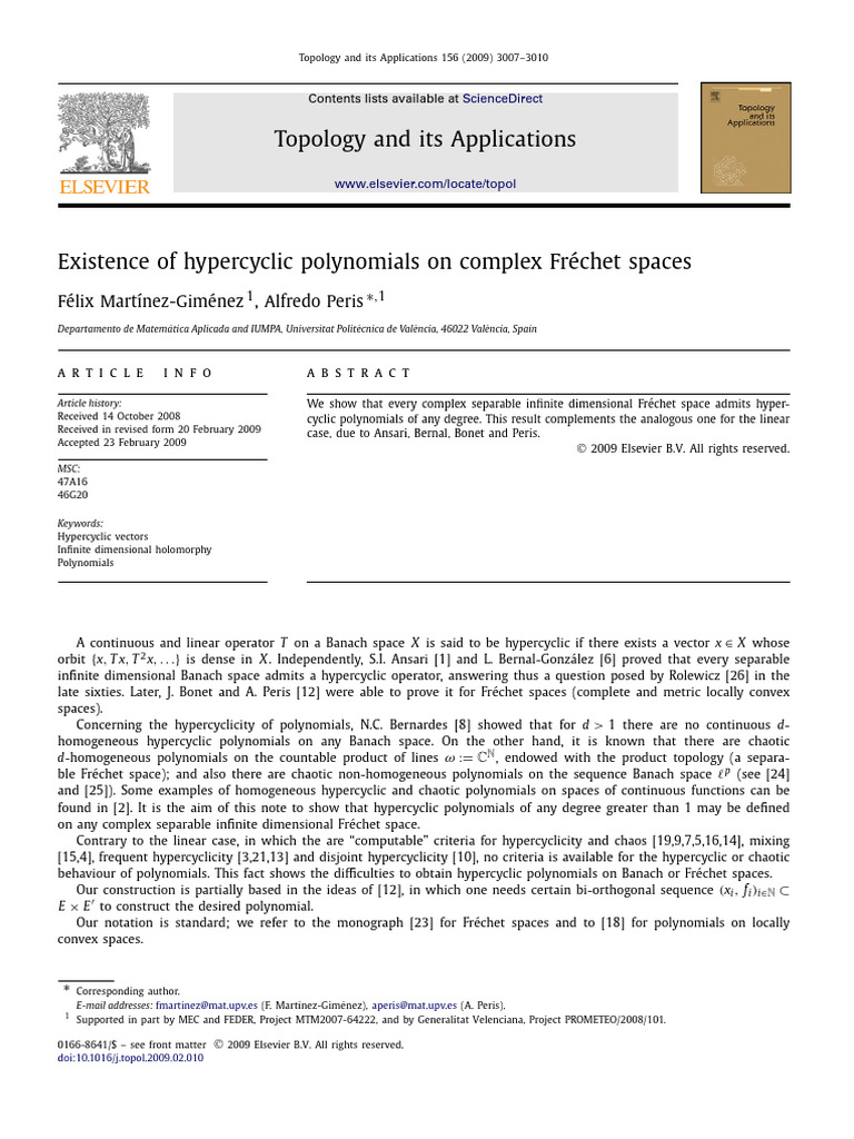 Existence of Hypercyclic Polynomials On Complex - 2009 - Topology and Its Appli | PDF