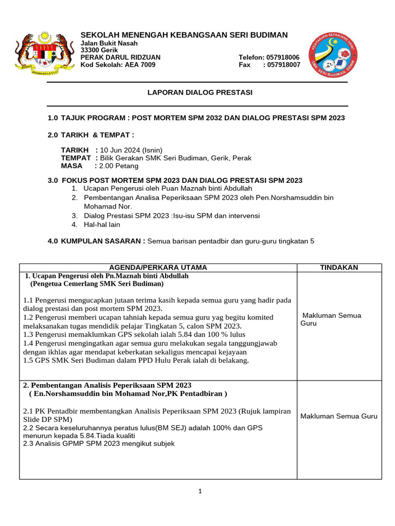 Laporan Dialog Prestasi SPM 2023 | PDF