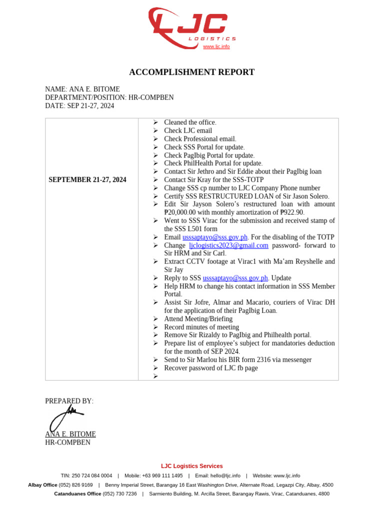 ACCOMPLISHMENT REPORT (SEP 21-27) - Ms. Ana Bitome | PDF
