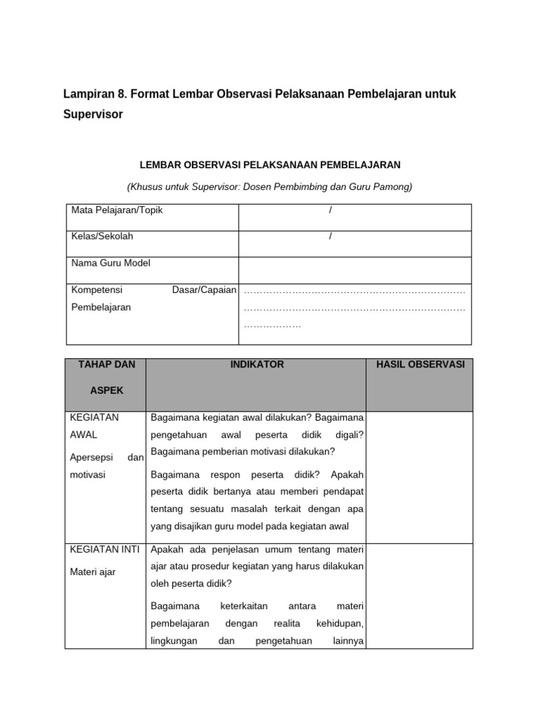Lampiran 8. Format Lembar Observasi Pelaksanaan Pembelajaran Untuk Supervisor | PDF