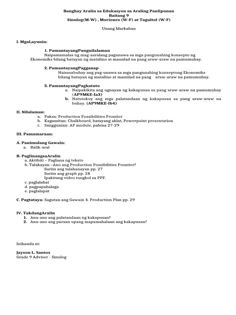 Banghay Aralin Sa Araling Panlipunan 9 | PDF