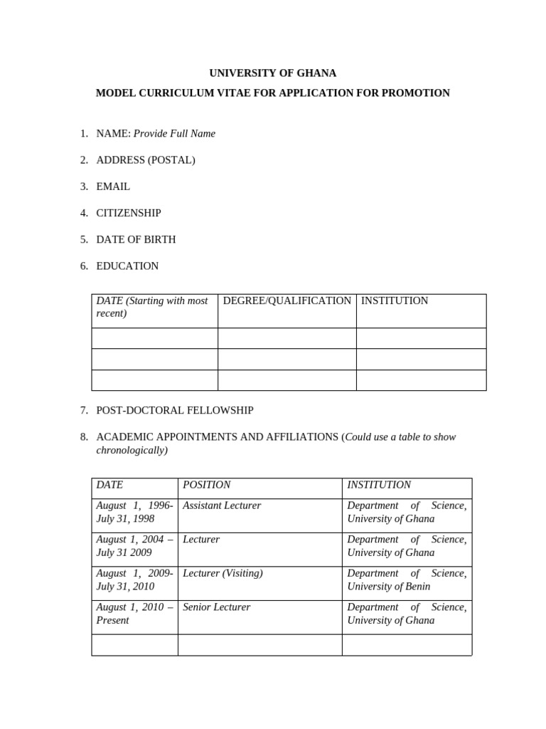 University of Ghana Promotion CV Template | PDF | Thesis | University