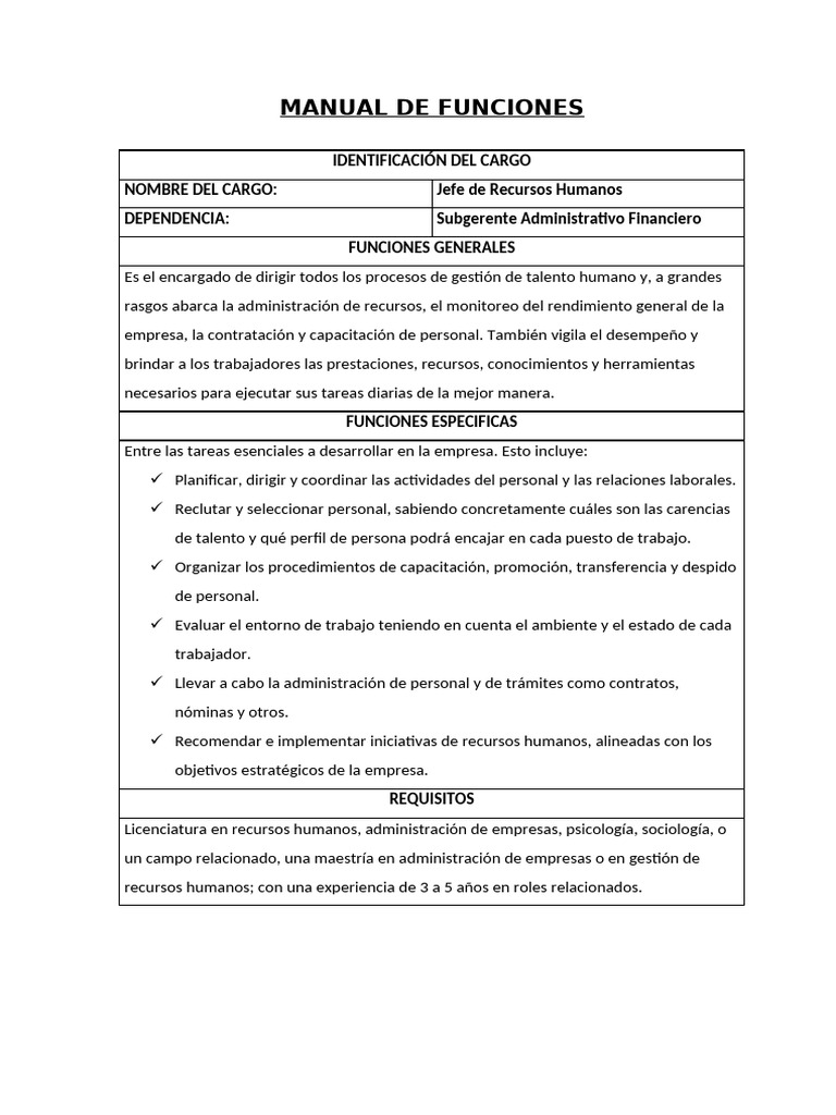 MANUAL DE FUNCIONES Jefe de RRHH | PDF