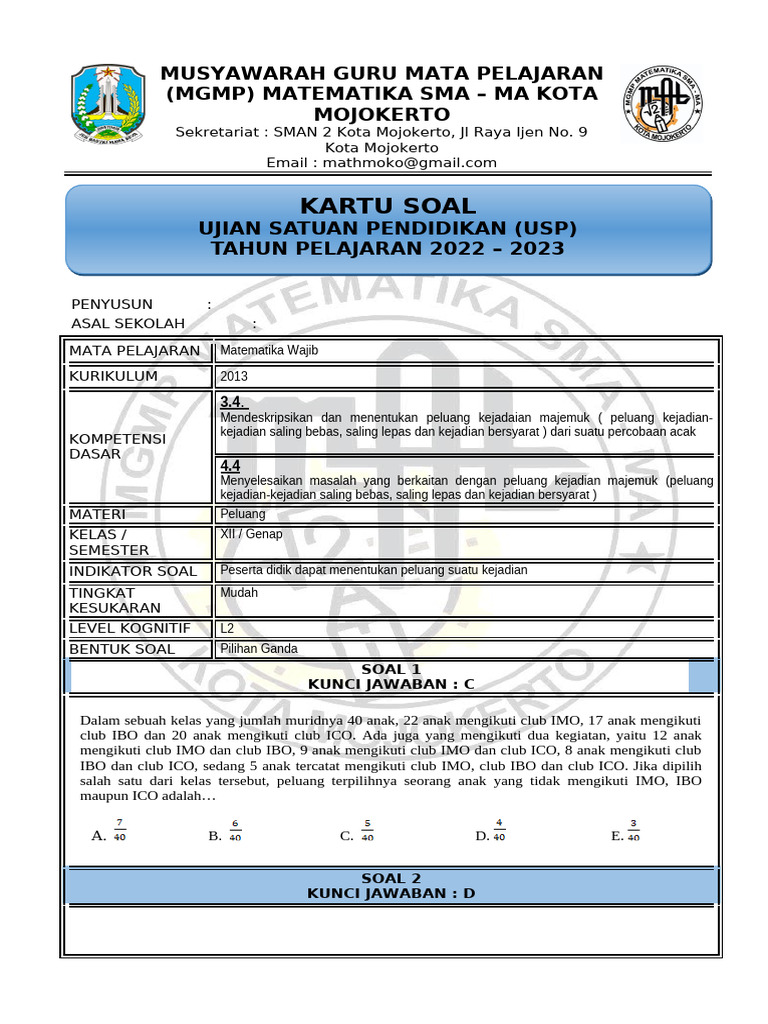 Kartu Soal Usp MGMP 2023 | PDF