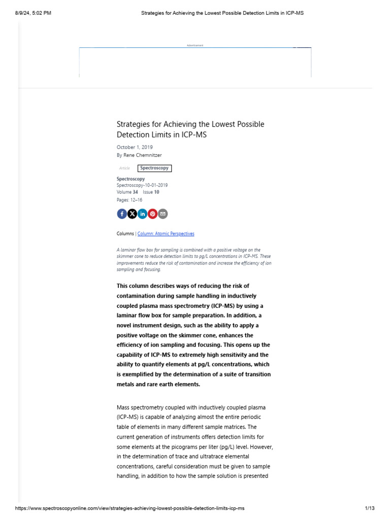 Strategies For Achieving The Lowest Possible Detection Limits in ICP-MS | PDF