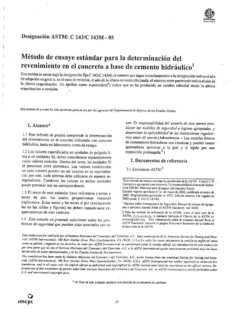Astm C143-05 Asentamiento | PDF