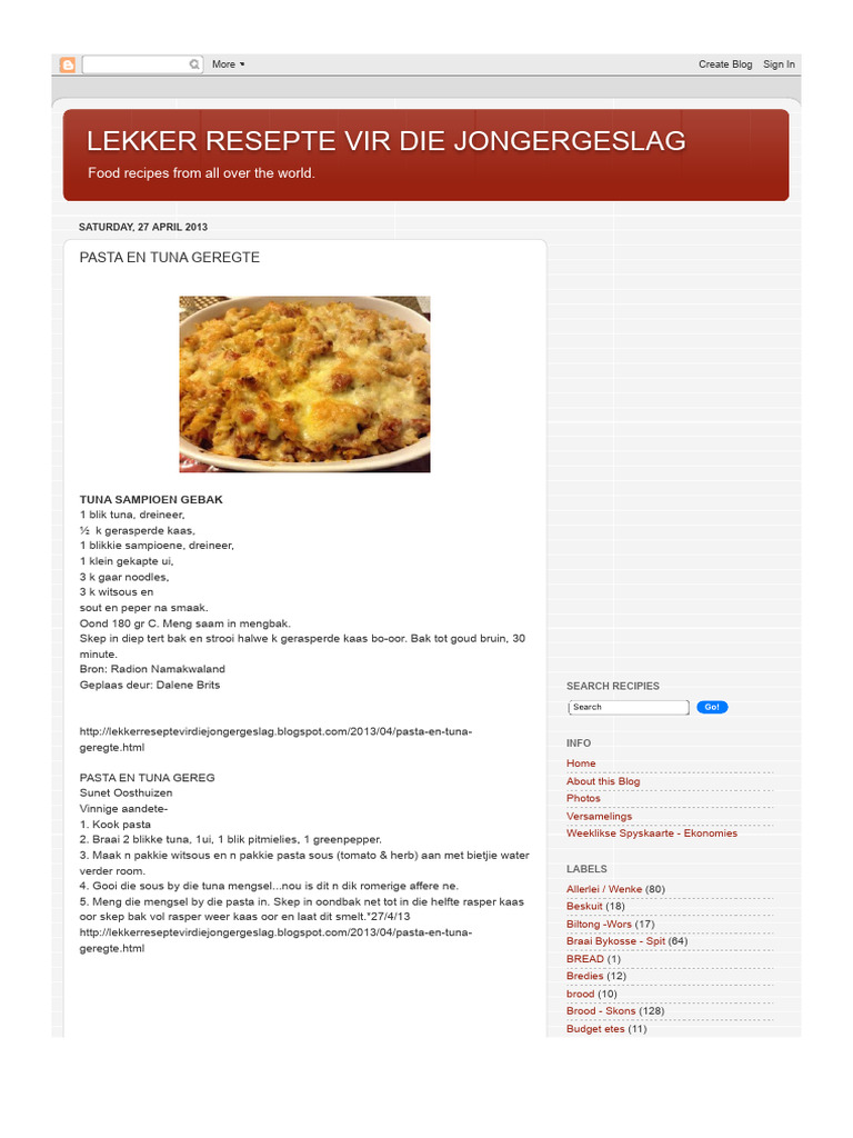 Lekker Resepte Vir Die Jongergeslag - Pasta en Tuna Geregte | PDF