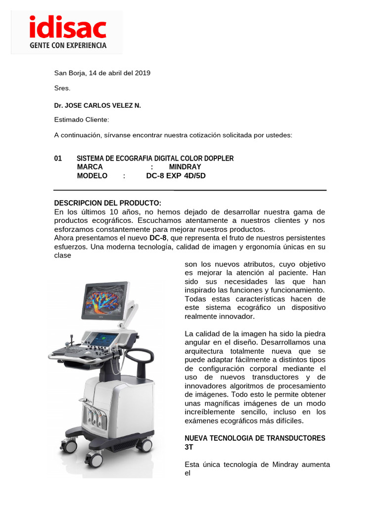 Cotización Ecógrafo DC-8 EXP - Dr. José C. Vélez | PDF