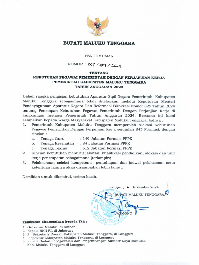 Pengumuman Formasi PPPK Malra Tahun 2024 | PDF