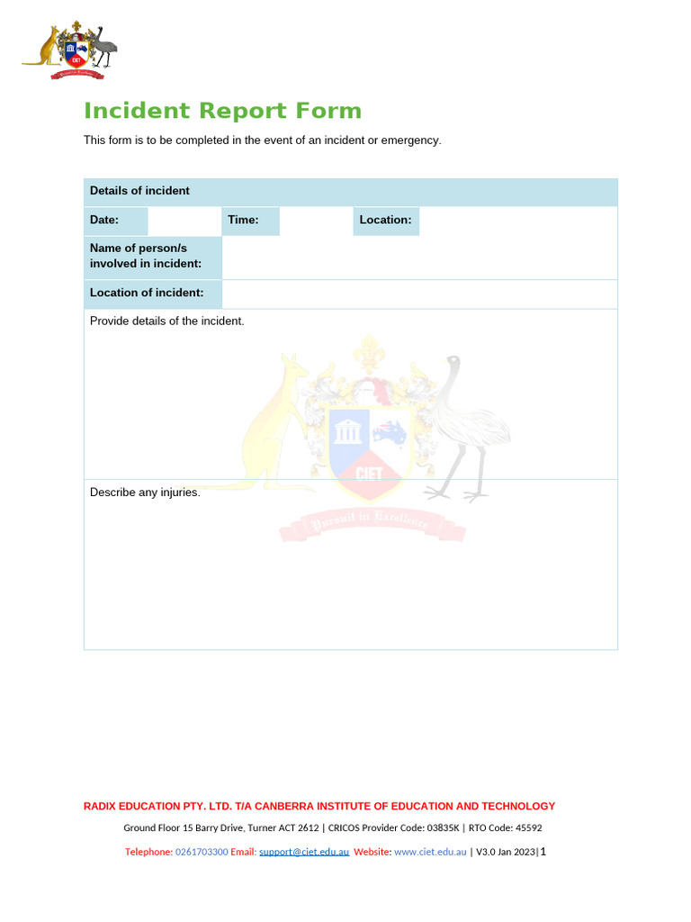 SITXWHS005 Incident Report Form Template | PDF
