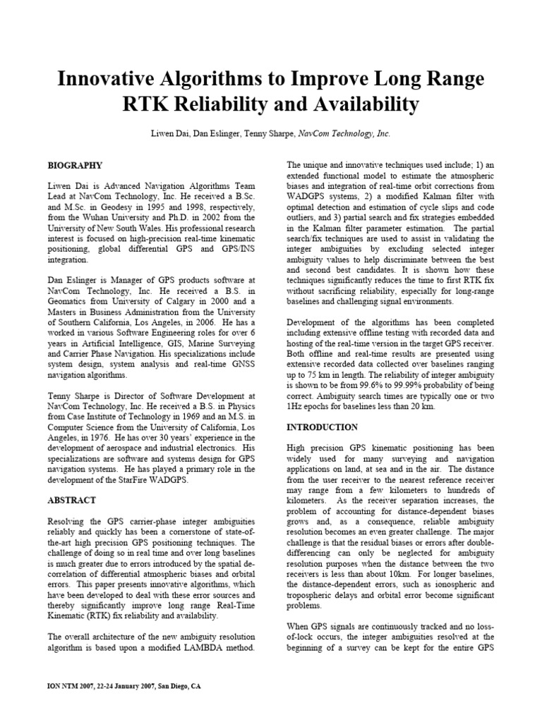 Artigo - Innovative Algorithms To Improve Long Range RTK Reliability and Availability | PDF
