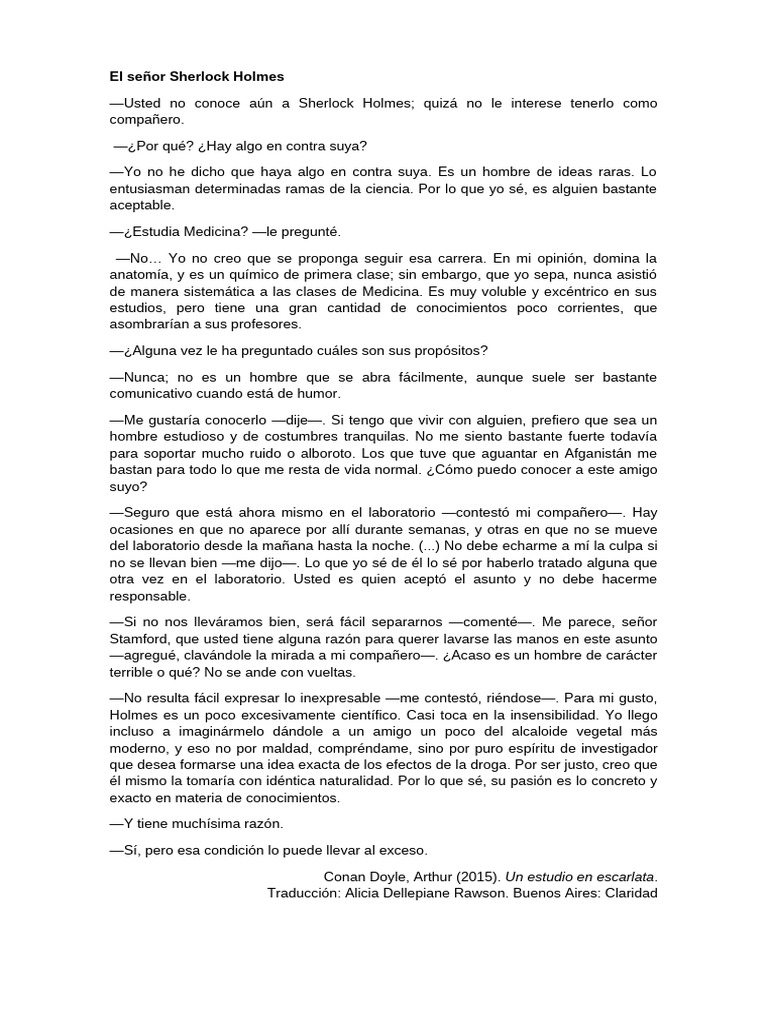 Sección 1 - "El Señor Sherlock Holmes", Capítulo 1 de Un Estudio en Escarlata de Arthur Conan ...