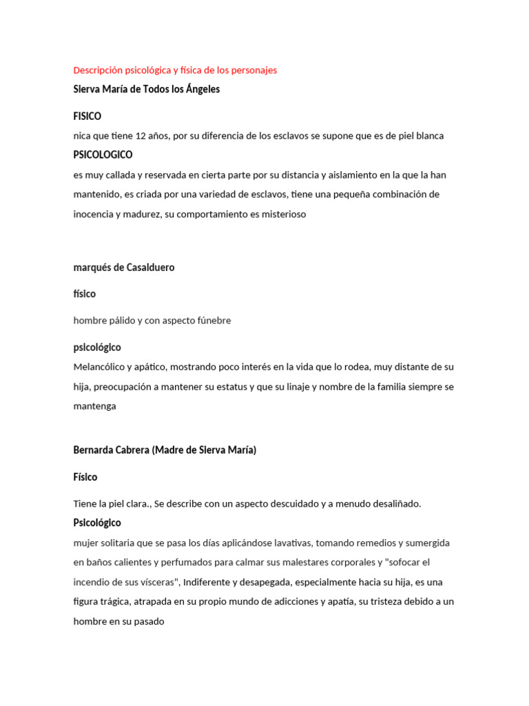 Descripción Psicológica y Física de Los Personajes | PDF | Gabriel ...