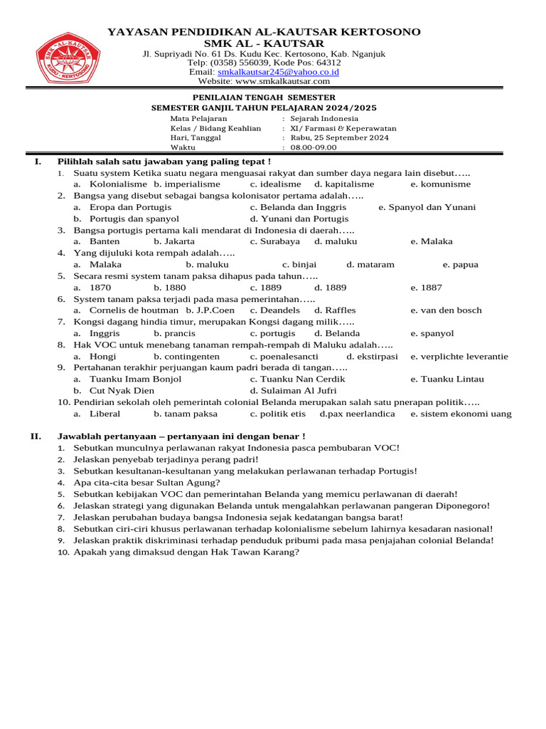 Soal PTS Sejarah Kls XI | PDF
