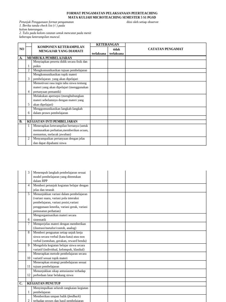 FORMAT PENGAMATAN PELAKSANAAN PEERTEACHING 5c | PDF