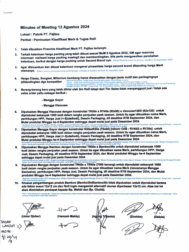 MoM 20 Sept 2024 Tindak Lanjut Mom Klasifikasi Merk & Tugas RND | PDF