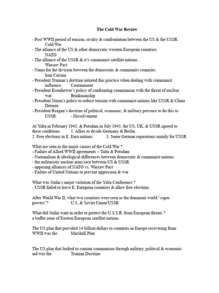 Unit 11 Cold War Review | PDF