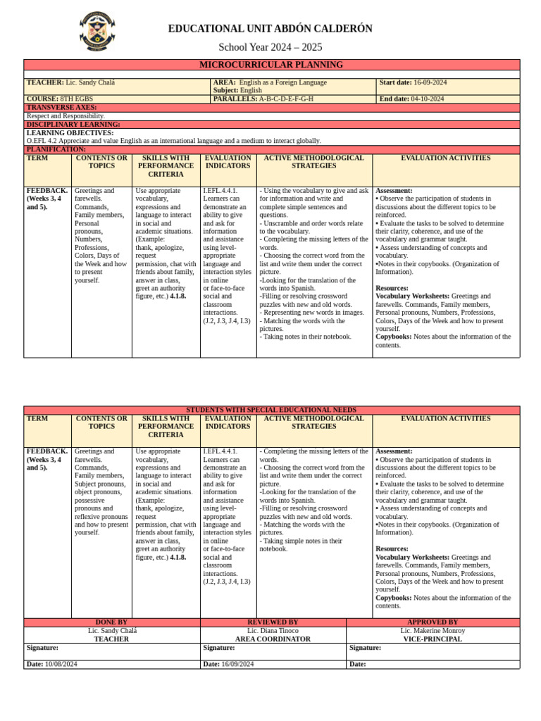 Curricular Planning For Feedback 2024-2025 | PDF