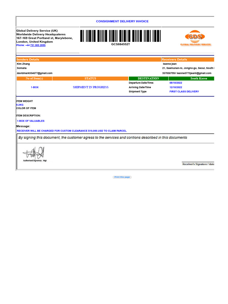 Global Delivery Service Shipment Receipt | PDF