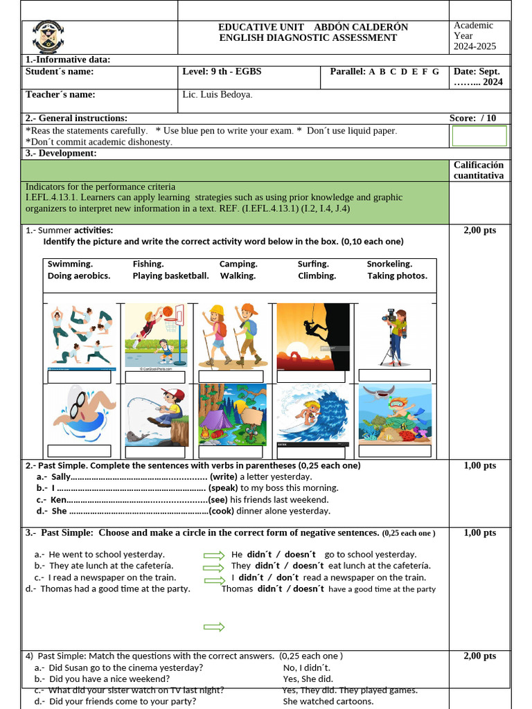 9th Grade English Diagnostic Test 2024-2025 | PDF | Learning | Human ...