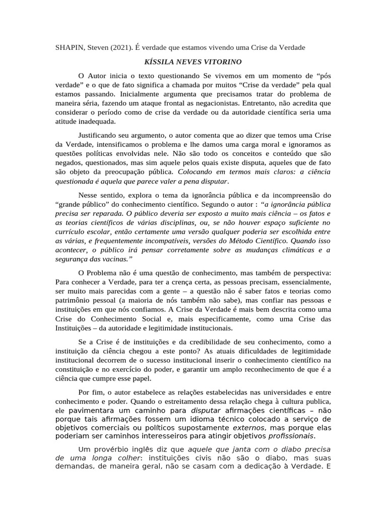 SHAPIN, Steven 2021. É Verdade Que Estamos Vivendo Uma Crise Da Verdade ...
