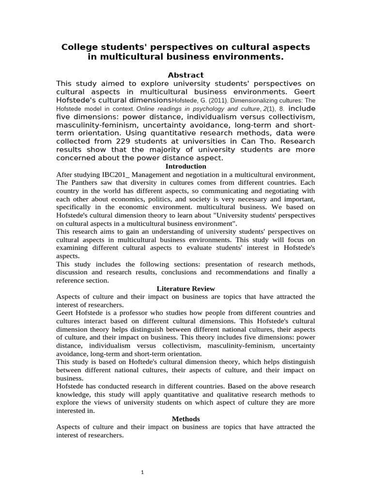 College Students' Perspectives On Cultural Aspects in Multicultural ...