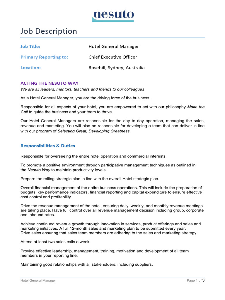 Hotel General Manager Job Description | PDF