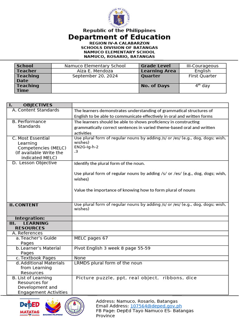 COT 1 English 3 | PDF | Plural | Language Arts & Discipline