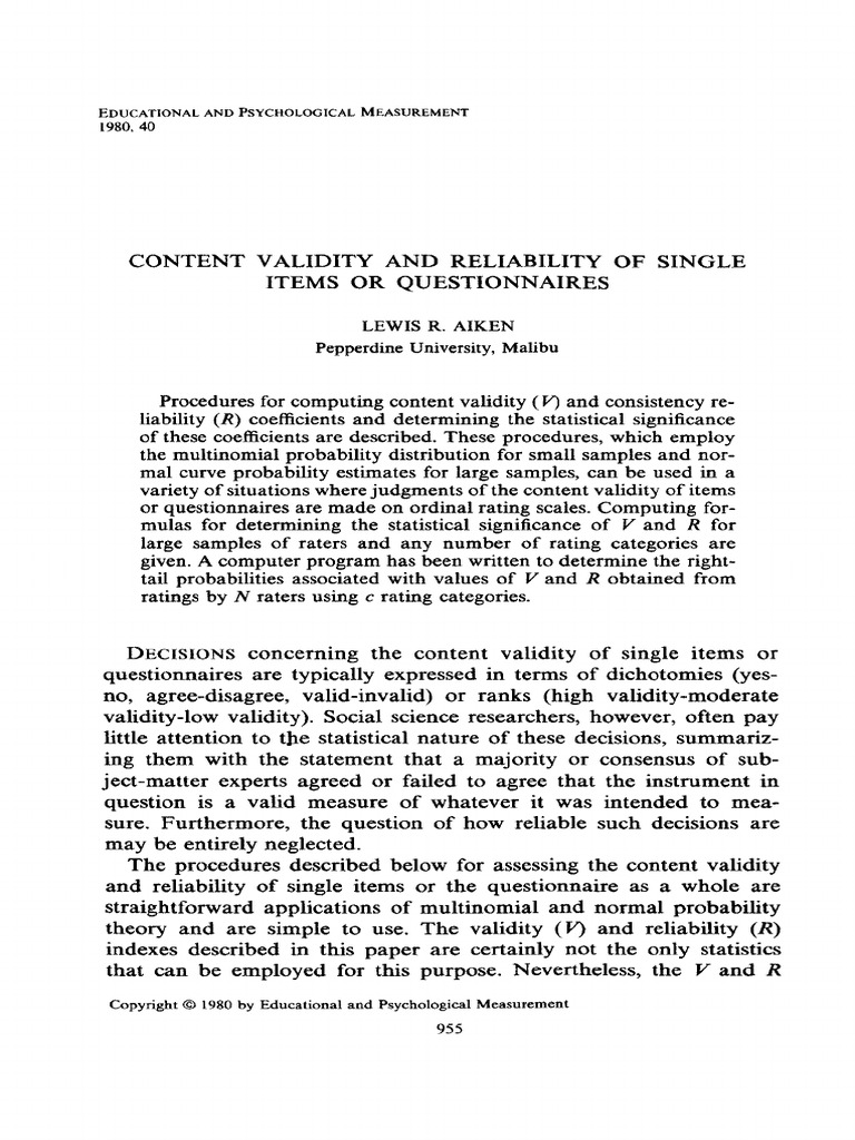 1980 - Aiken - Content Validity and Reliability of Single Items or Questionnaires | PDF