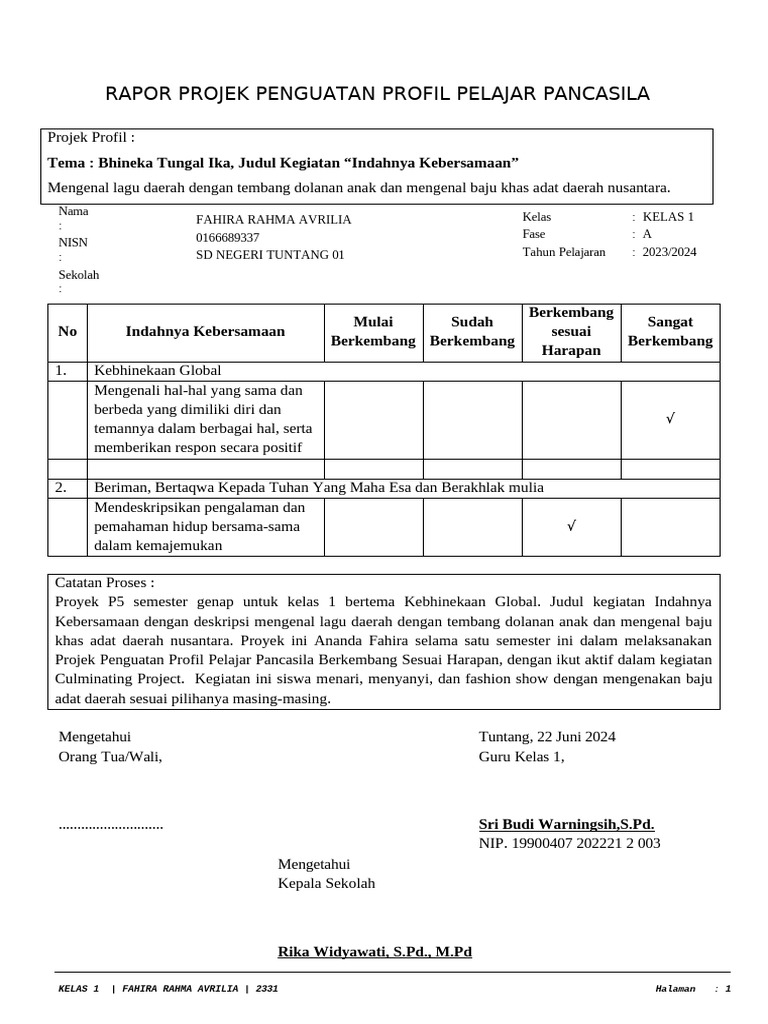 Rapor - P5 2023 KELAS 1 | PDF