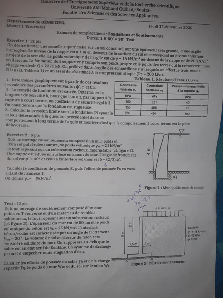 Examen de Fondations Et Soutã Nements, Bouira 2020 | PDF