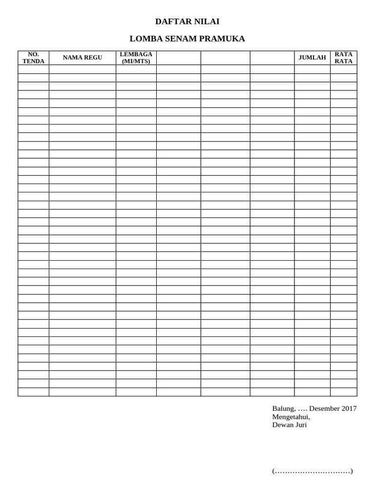 Daftar Nilai Senam Pramuka | PDF
