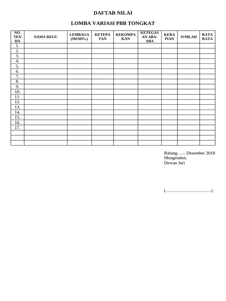 Daftar Nilai Variasi PBBT | PDF