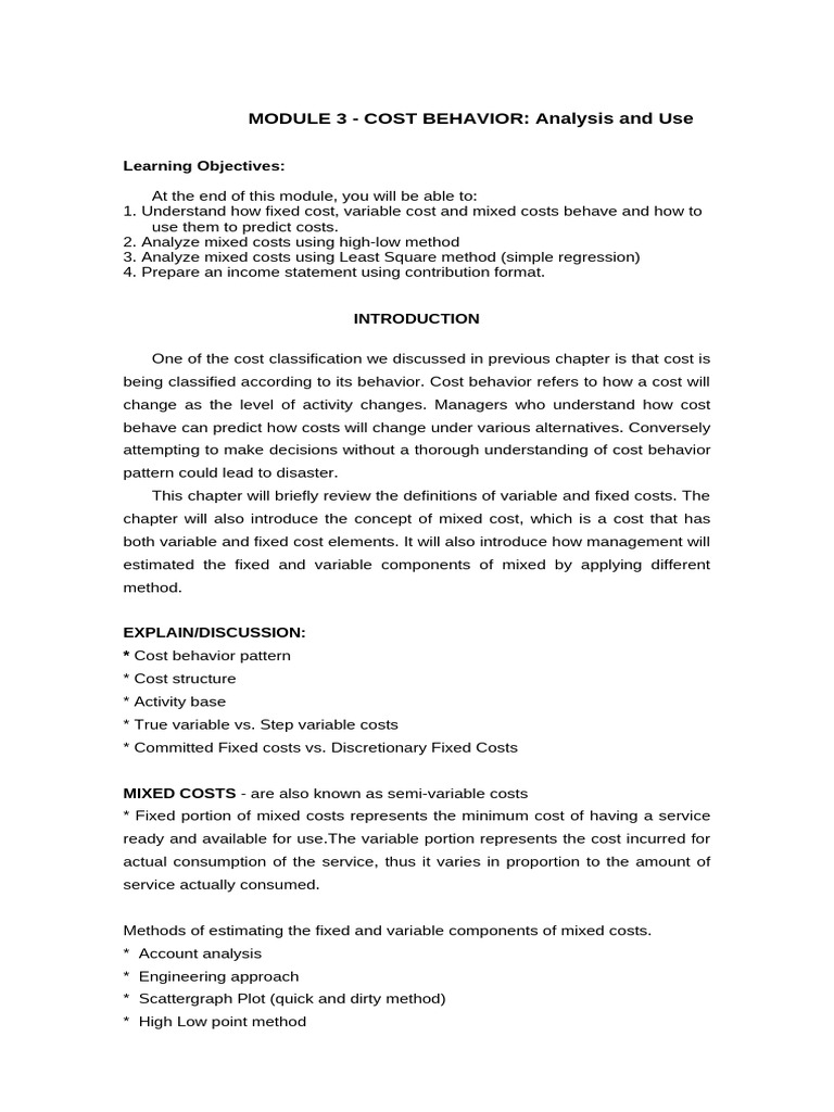 Module 3-Cost Behavior Analysis and Use | PDF