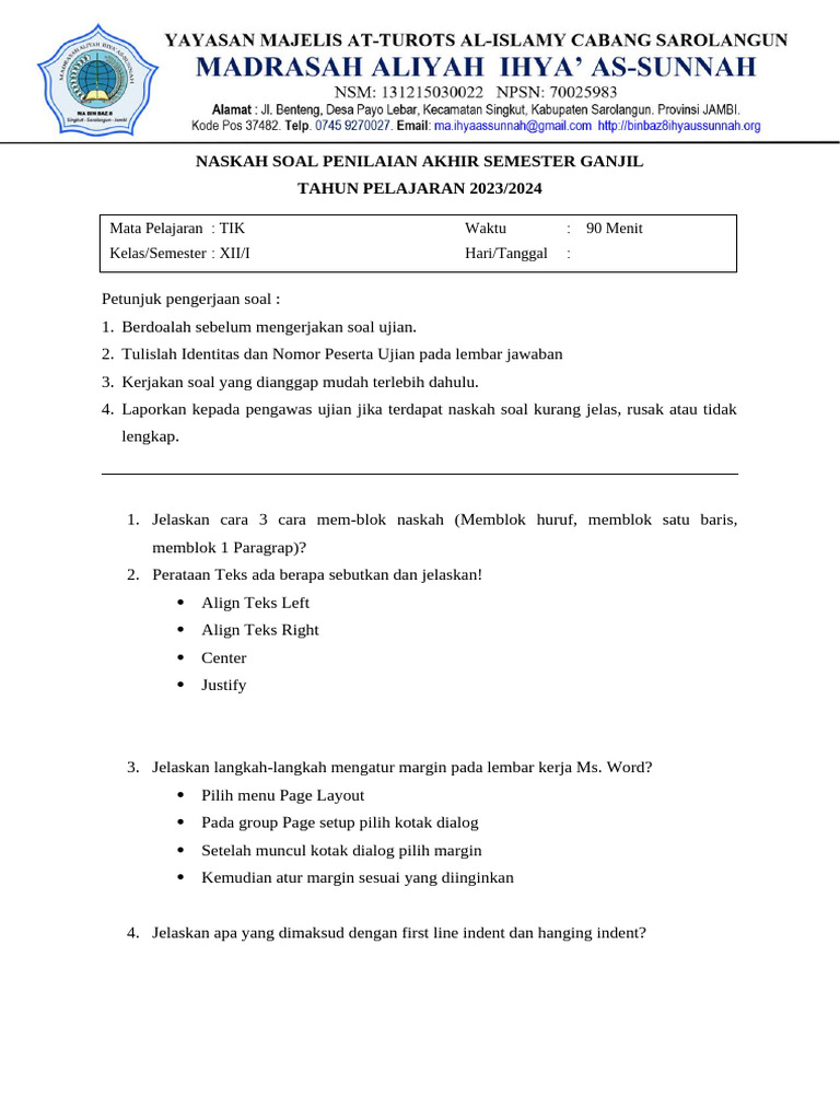Soal Uas Semester Ganjil Tik | PDF