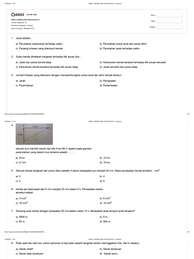 BAB IV GERAK DAN GAYA IPA KLS-7 - Quizizz | PDF