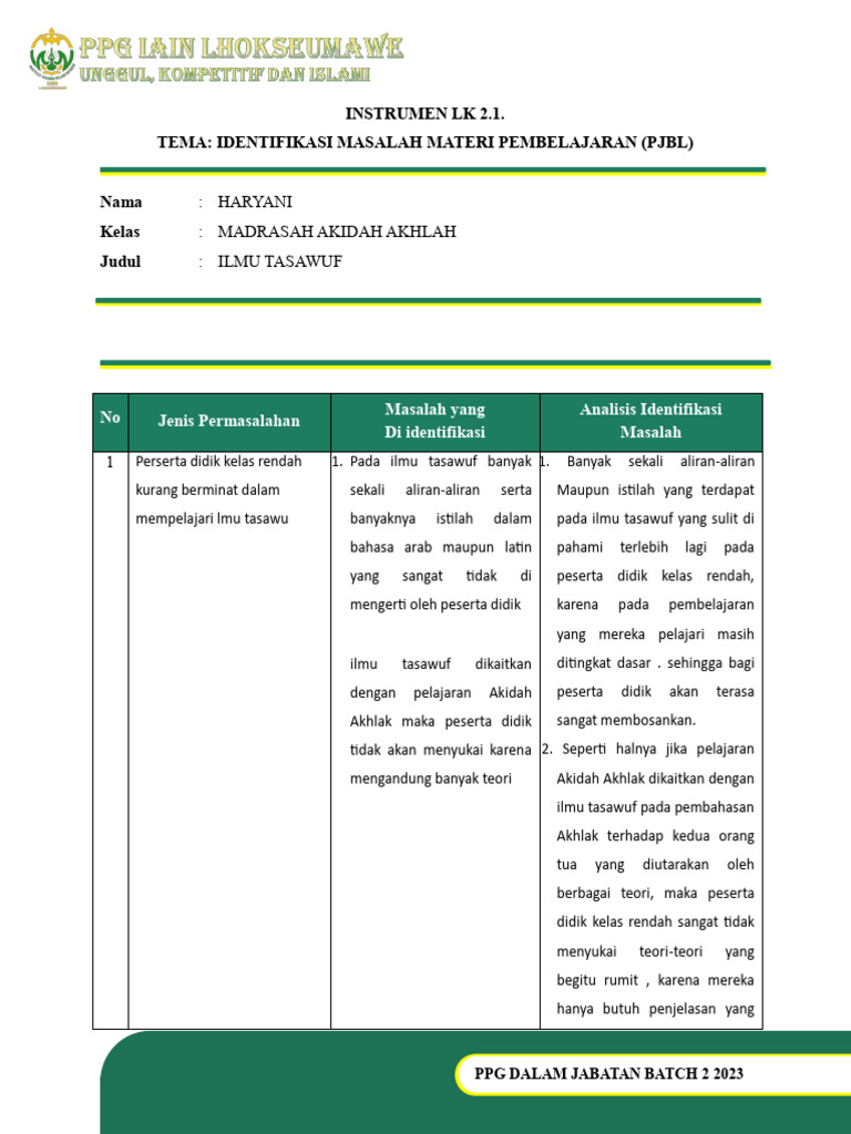 Instrumen LK 2.3 - PDF Eksplorasi Penyebab Masalah KOMPRES - Wawancara - (MODUL PROFESIONAL 3 ...