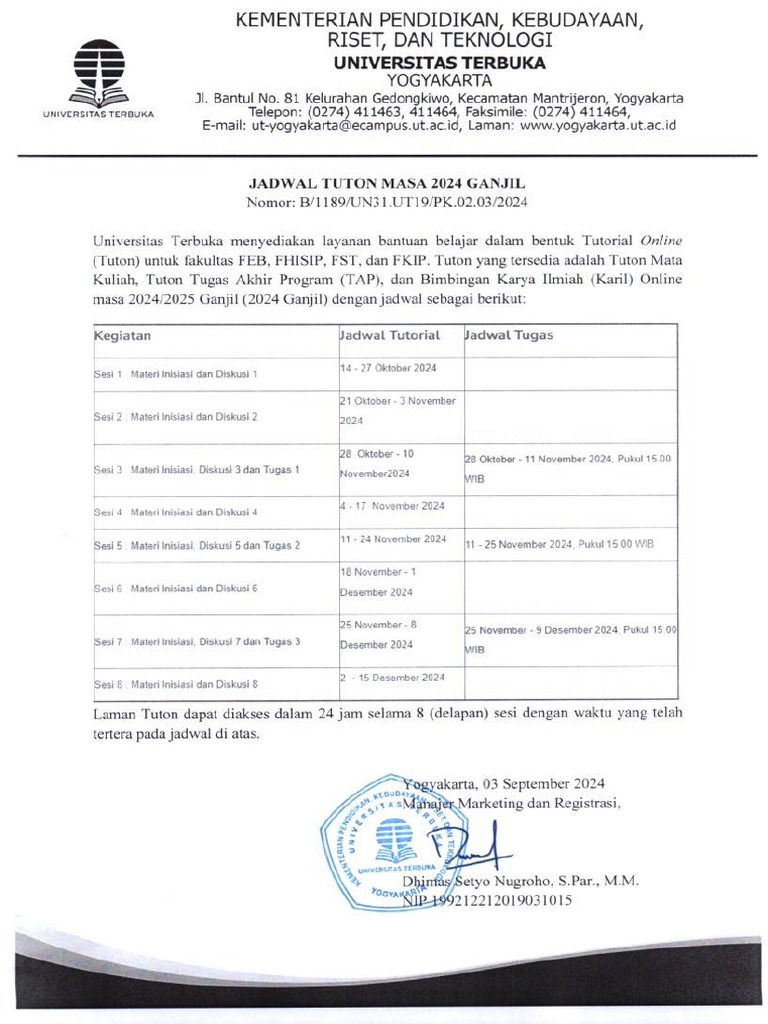Jadwal Tuton 2024 | PDF