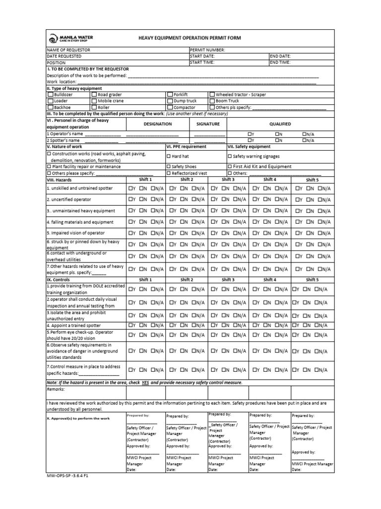 Heavy Equipment Operation Permit Form: (Use Another Sheet If Necessary ...