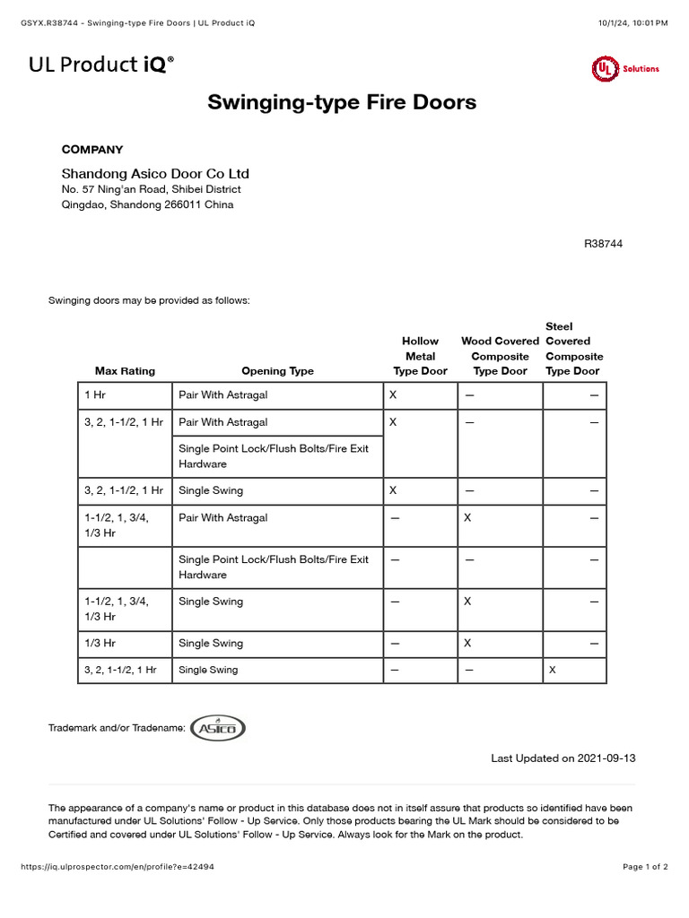 GSYX.R38744 - Swinging-Type Fire Doors - UL Product Iq | PDF