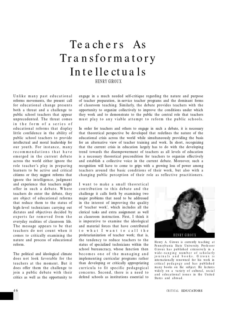 Teachers as Transformative Intellectuals | PDF | Intellectual | Teachers