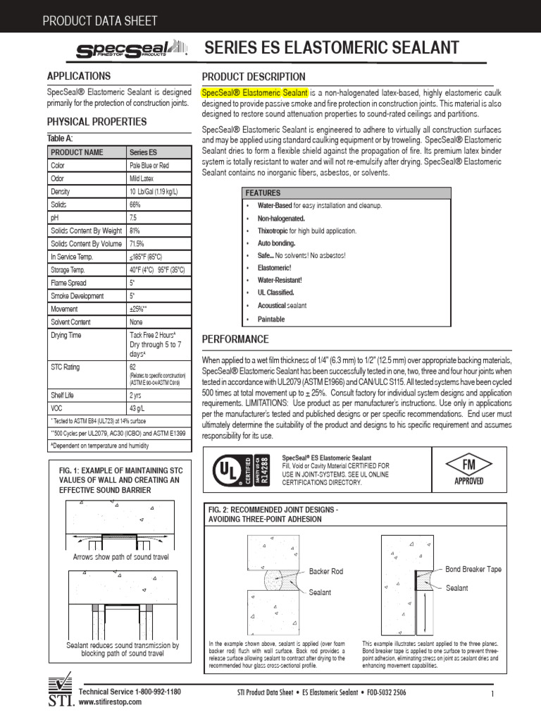 Spec Seal - ES Elastomeric Sealant Data Sheet | PDF | Building Engineering | Materials