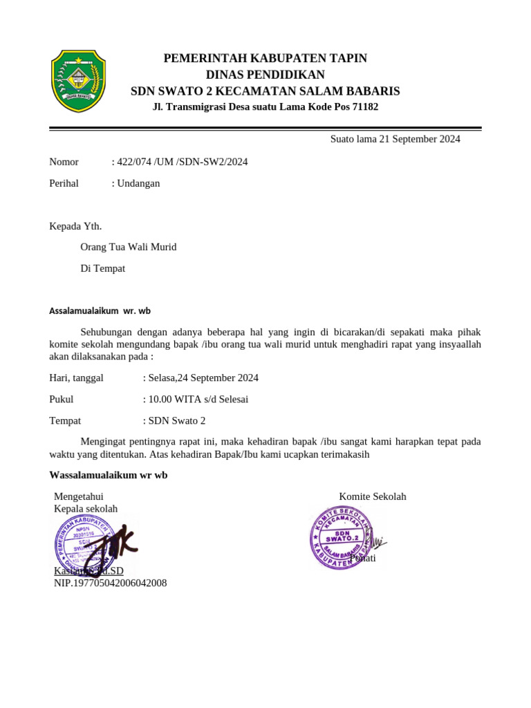 Contoh Undangan Rapat Wali Murid | PDF