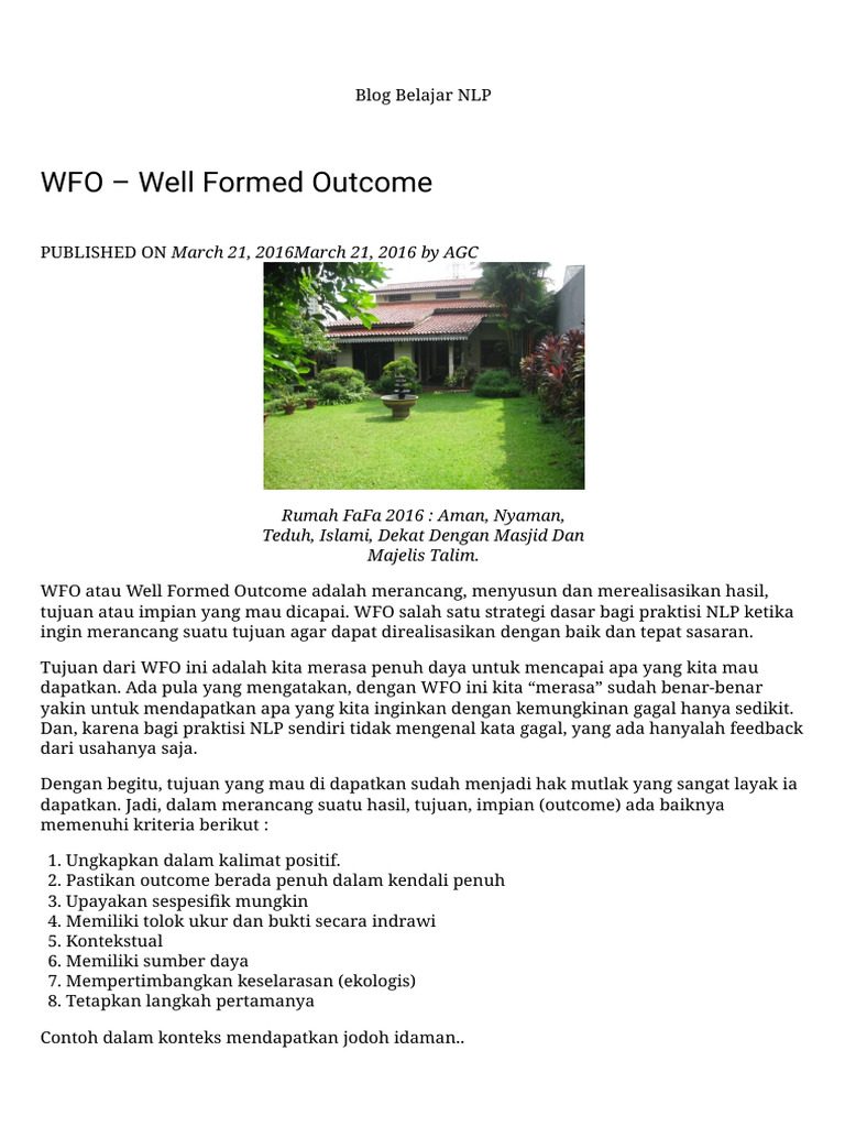WFO - Well Formed Outcome - Blog Belajar NLP | PDF