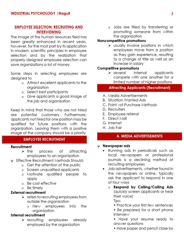 IO Psychology - CH4 - Employee Selection-Recruiting and Interviewing PDF | PDF