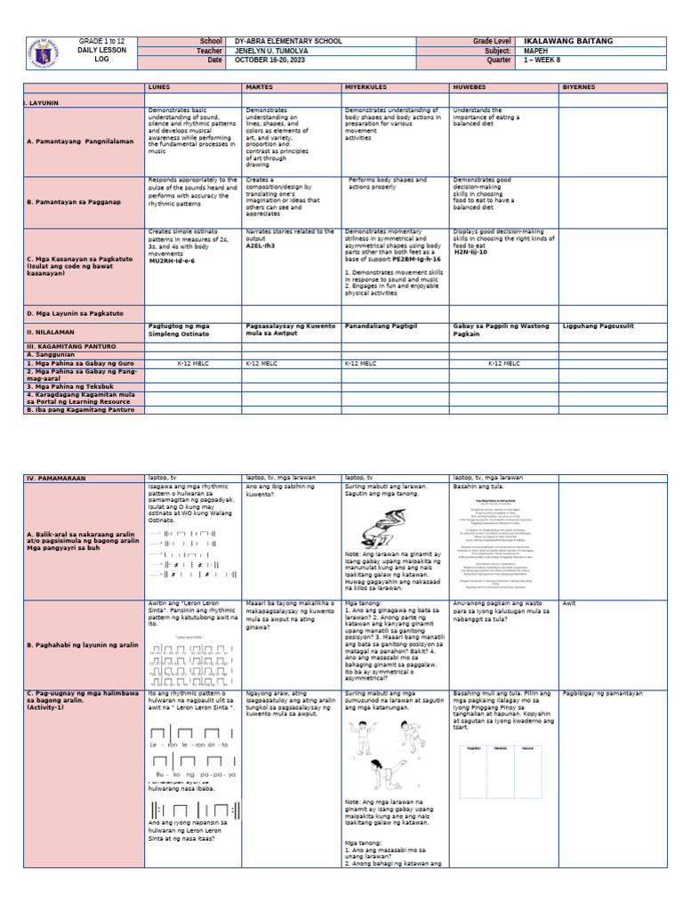 Week8 DLL Mapeh 2 | PDF