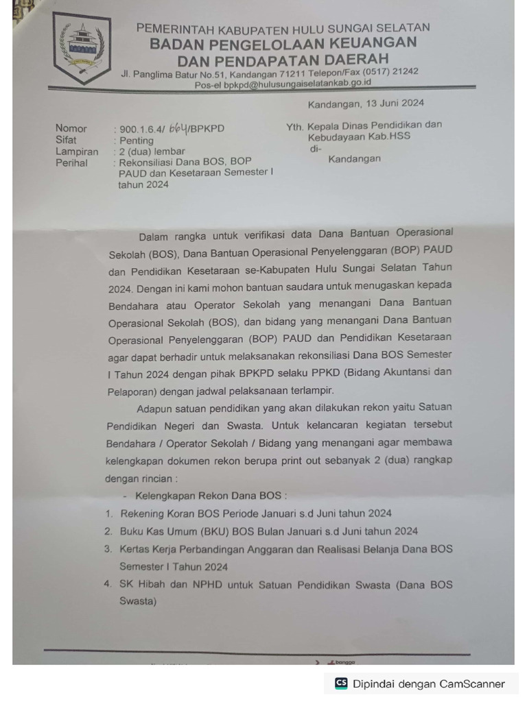 Rekonsiliasi Dana BOS SD SMP, BOP PAUD Dan Kesetaraan | PDF