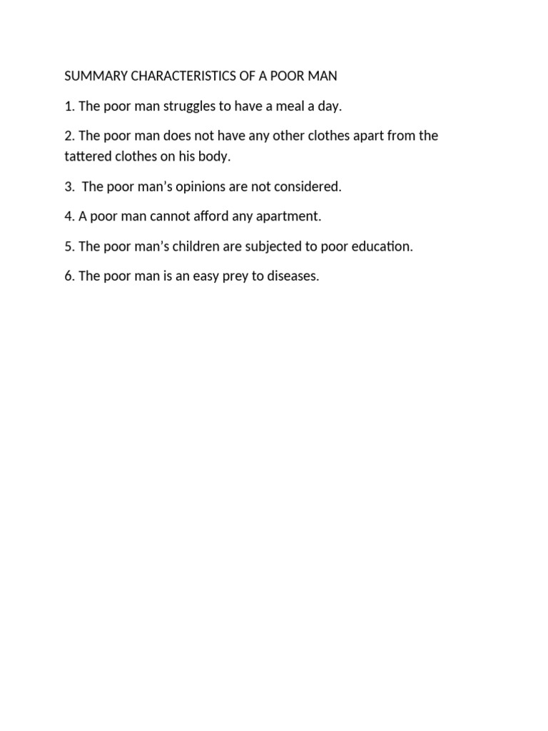 Summary Characteristics of A Poor Man Model Answer | PDF